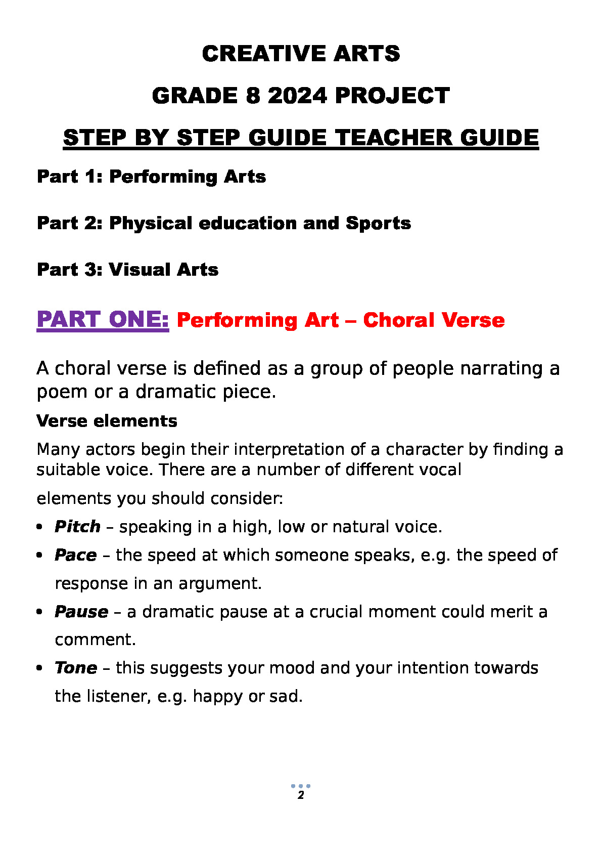 Grade 8 Creative Arts and Sports Project 2024 Teacher step by step Guide