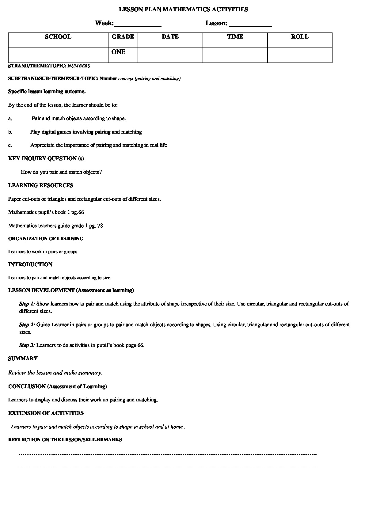 Mathematics Activities Lesson Plan Grade 1 Term 2