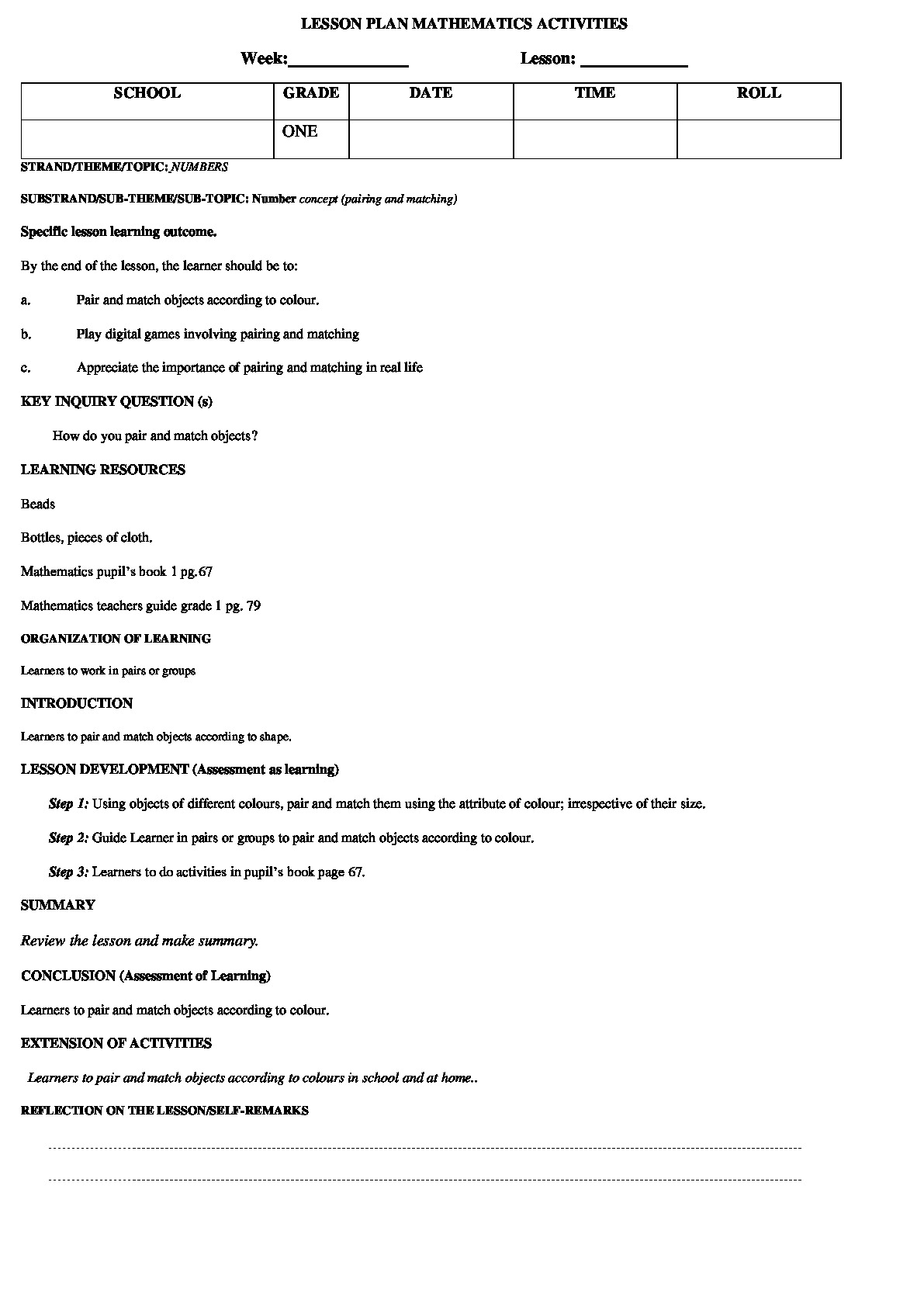 Mathematics Activities Lesson Plan Grade 1 Term 2