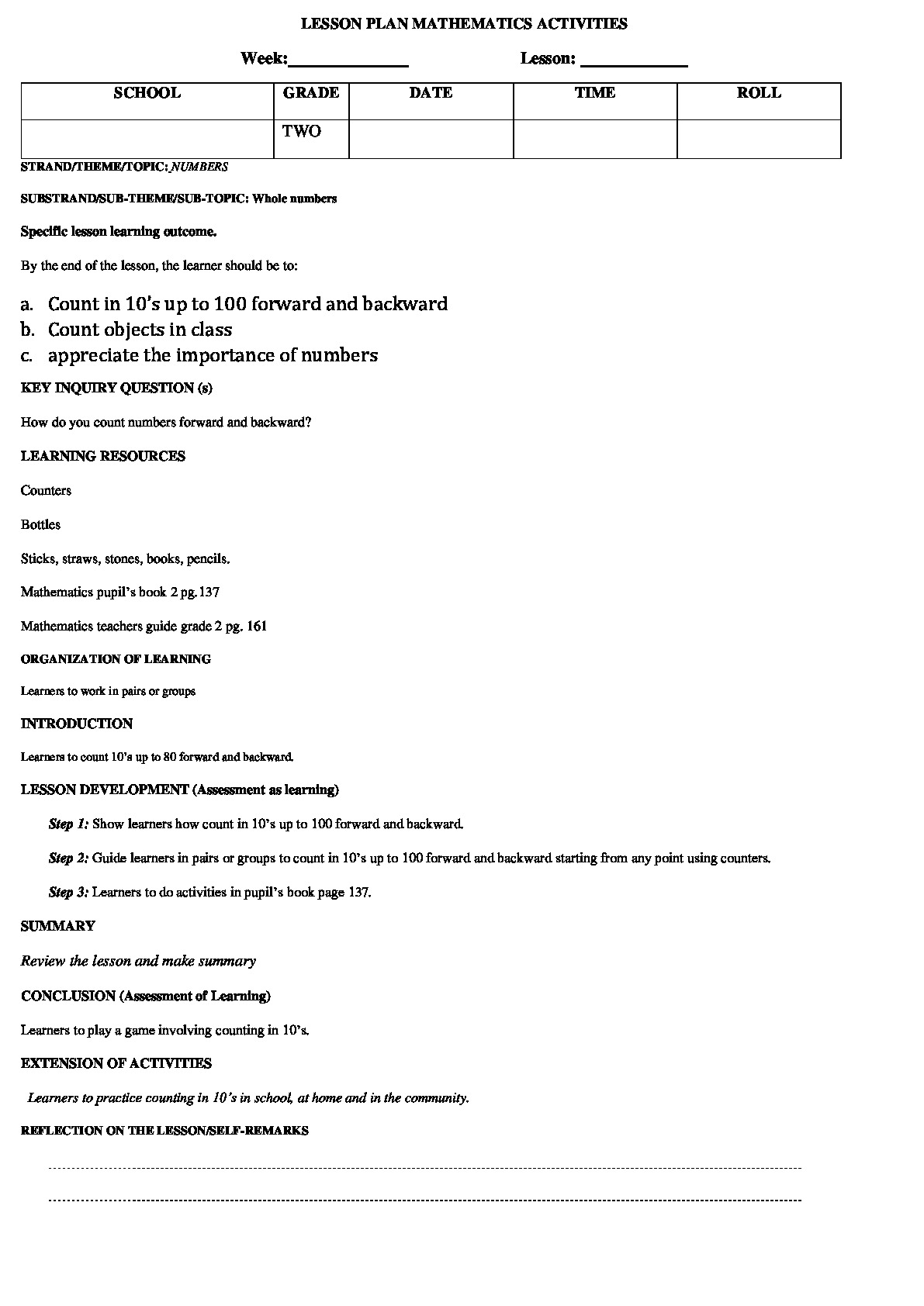 Mathematics Activities Lesson Plan Grade 2 Term 3
