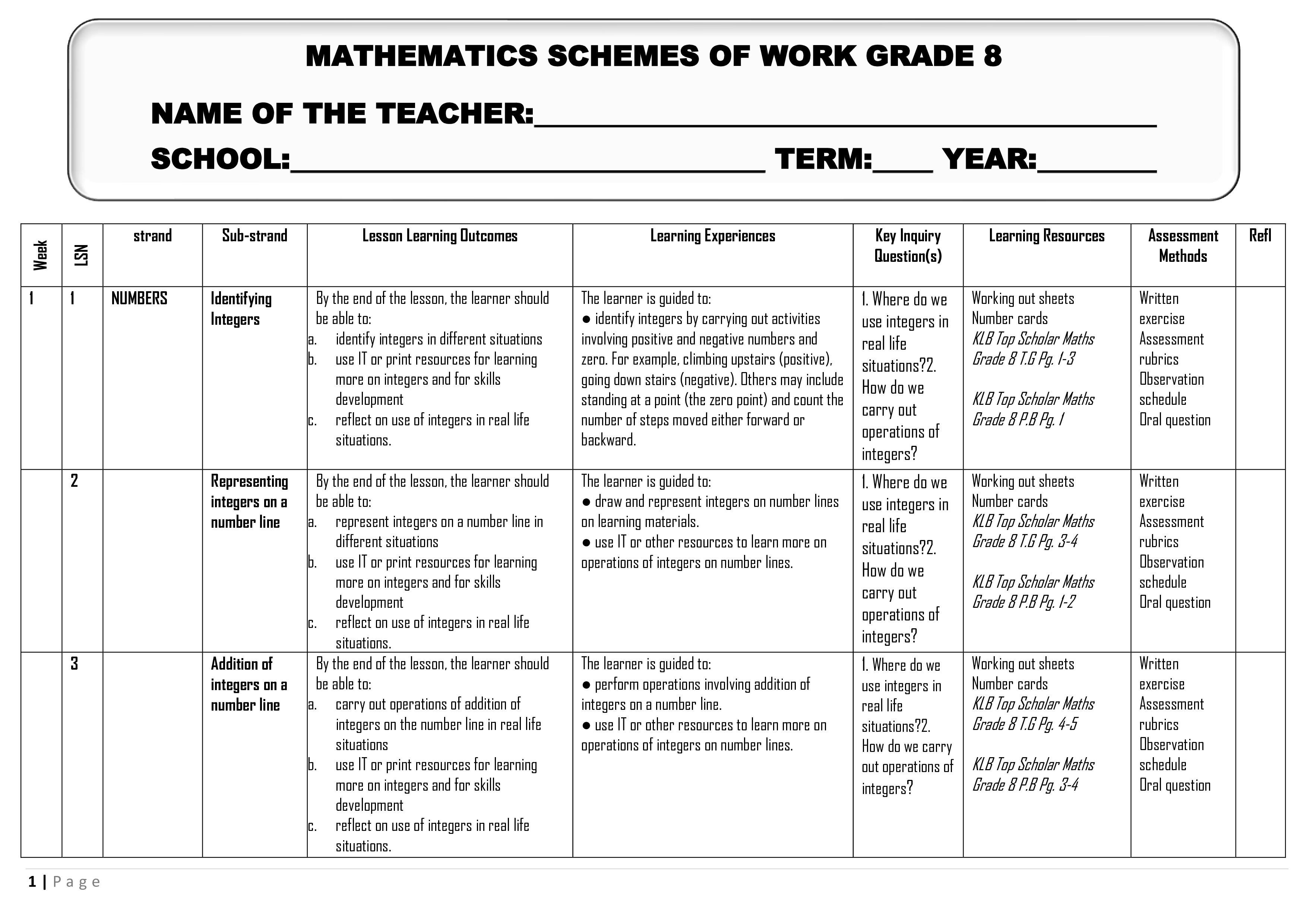 KLB TOP SCHOLAR MATHEMATICS GRADE 8 SCHEMES OF WORK TERM 1 (Updated New)