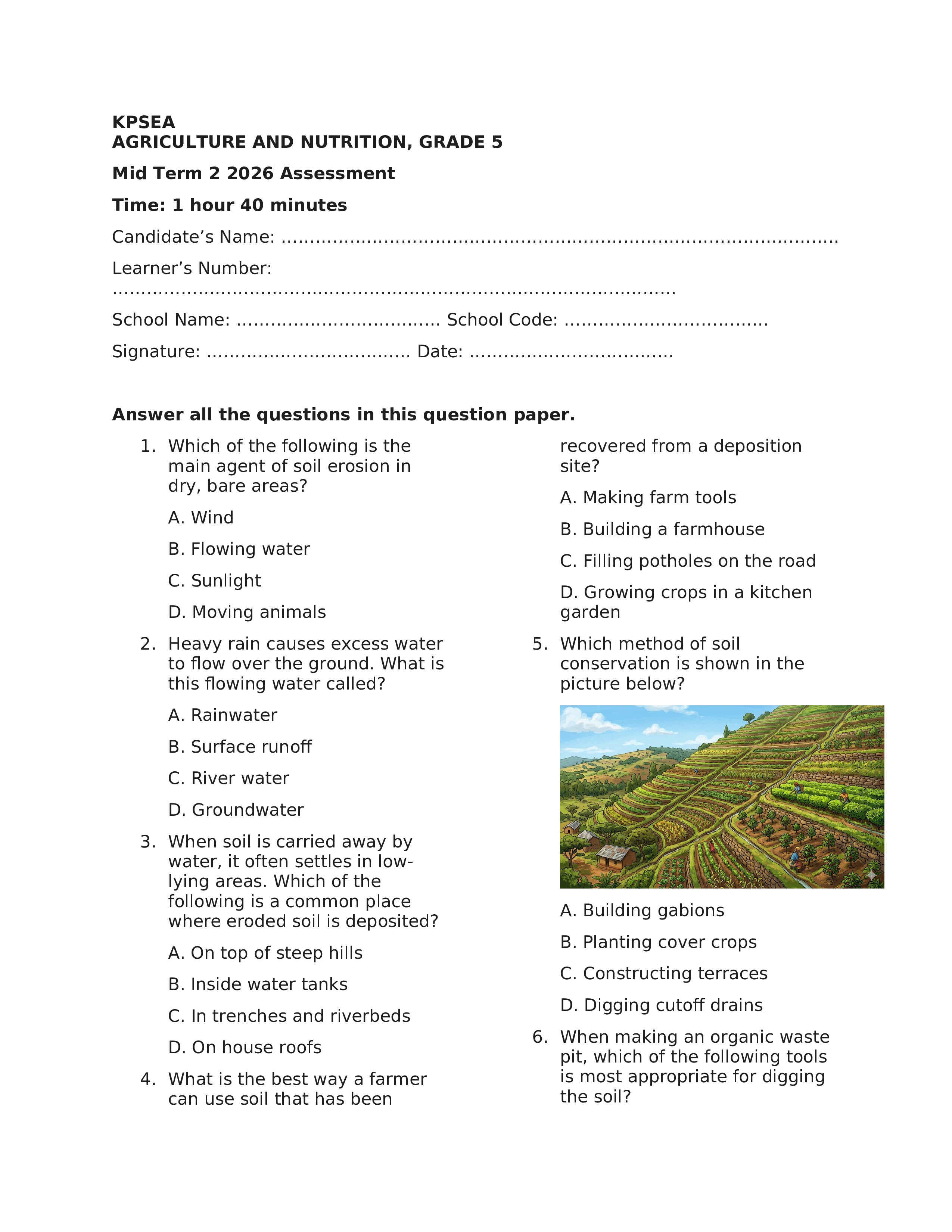 2026 Grade 5 Agriculture and Nutrition Mid-Term 2 Exam
