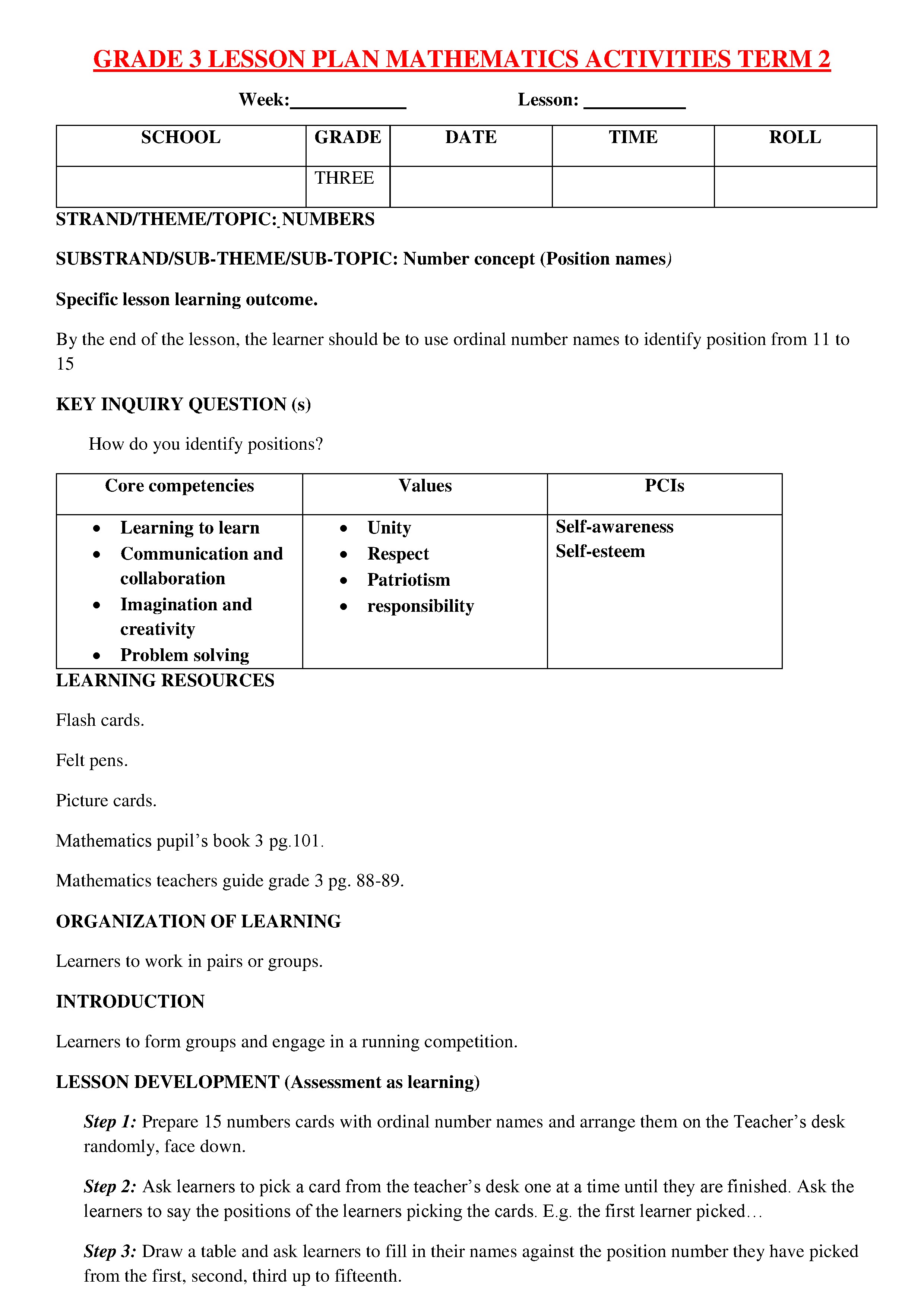 Grade 3 Rationalized Mathematic Lesson Plans Term 2 2025